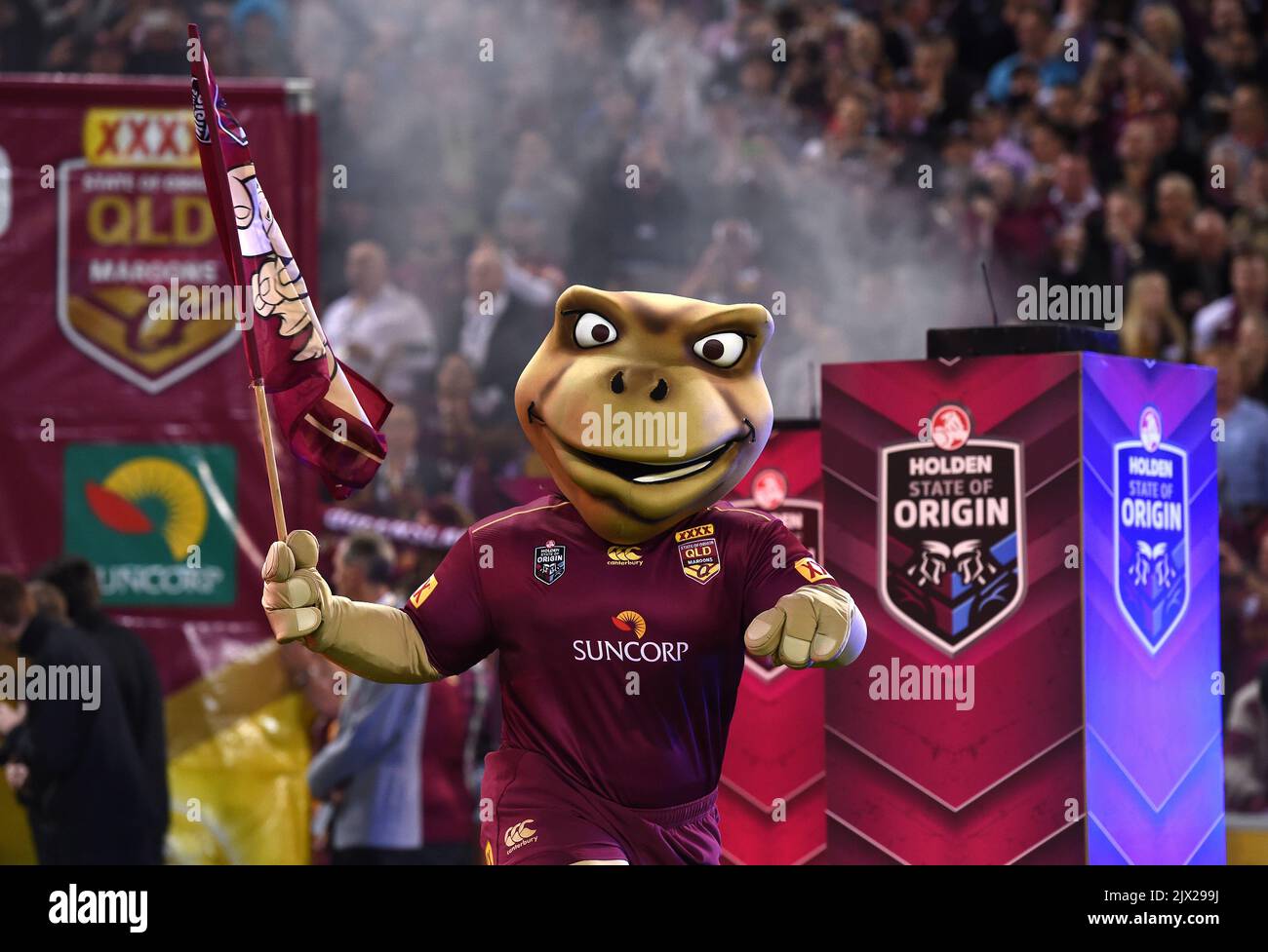 The Queensland Maroons cane toad mascot is seen during the State of ...