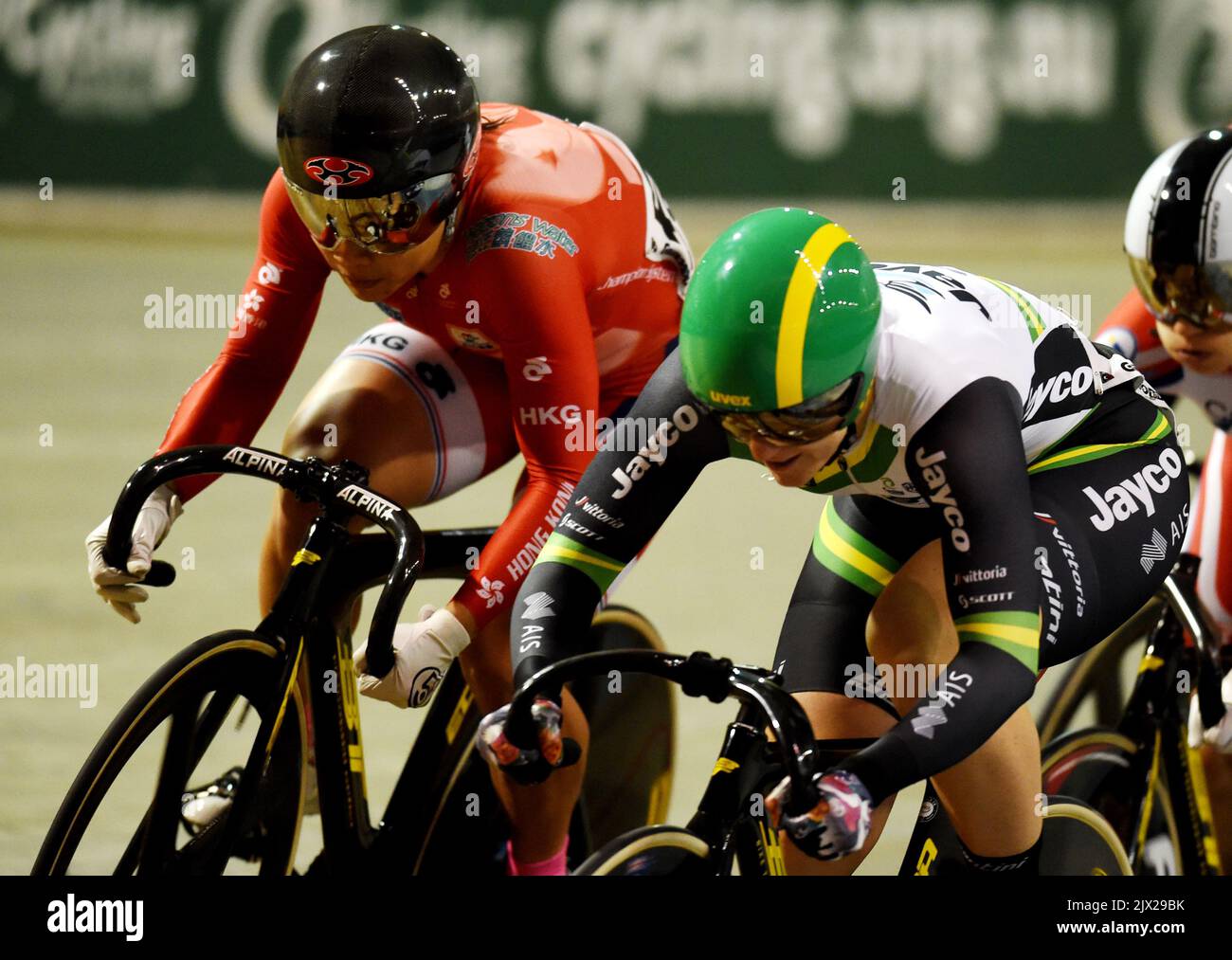 Australian cyclist Anna Mears (centre) and Chinese cyclist Wai Sze Lee (left) during the Women's ...