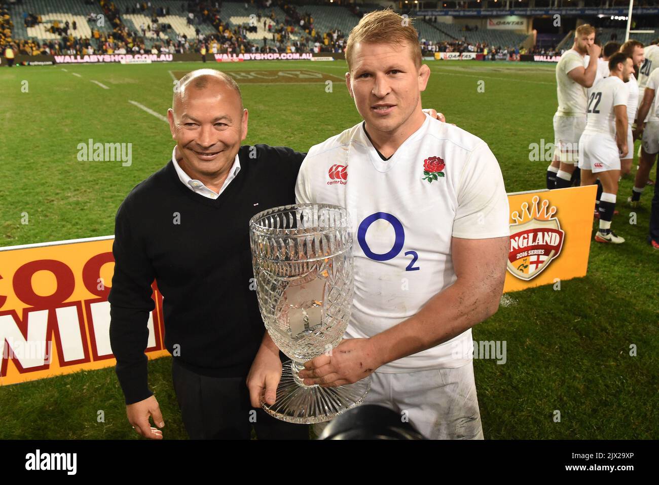 England's captain Dylan Hartley and coach Eddie Jones with The Cook Cup ...