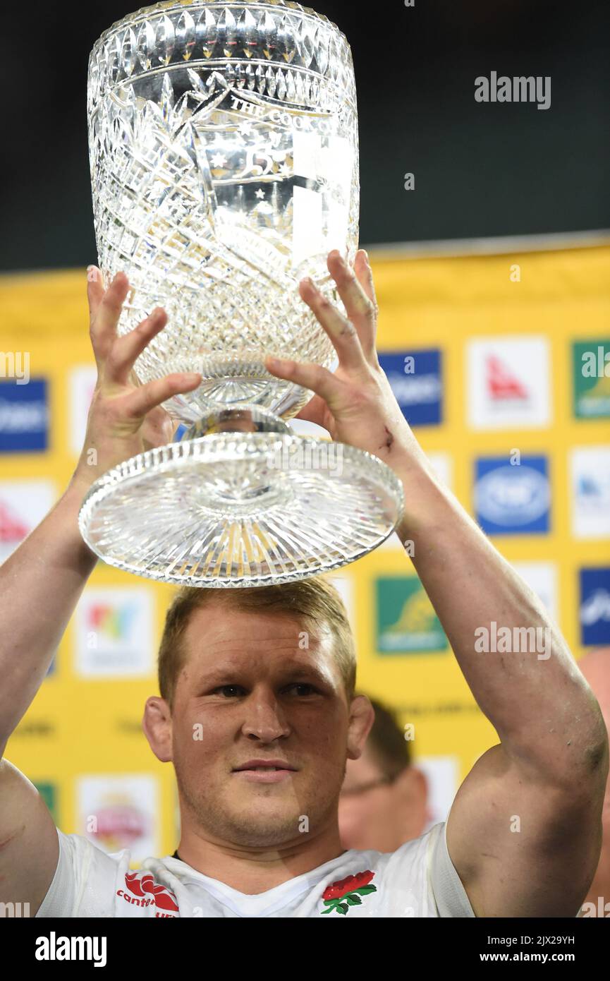 England's Dylan Hartley holds up The Cook Cup after their series defeat ...