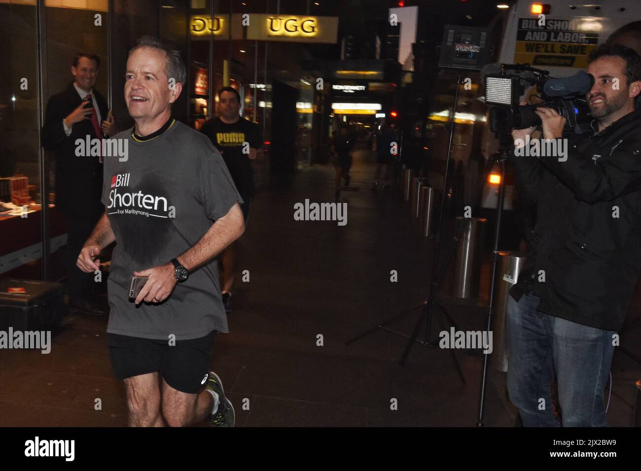 Leader of the Opposition Bill Shorten runs through the city as part of ...