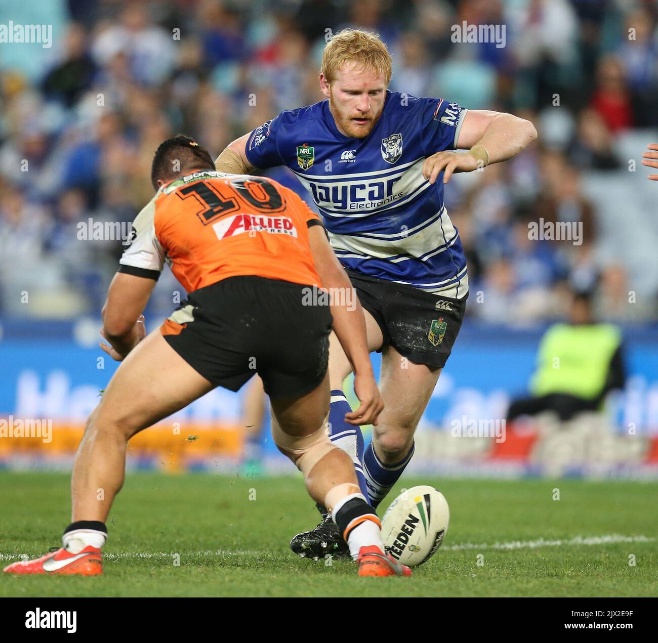 James Graham of the Bulldogs kicks ball through during the Round 18 NRL ...