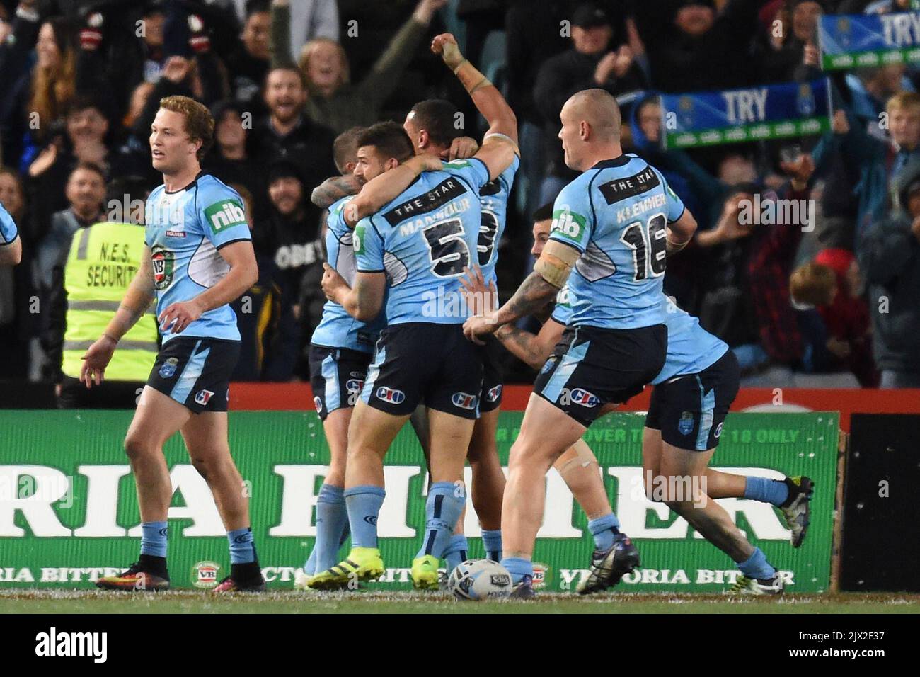 The Blues celebrate their match winning try by Michael Jennings during ...
