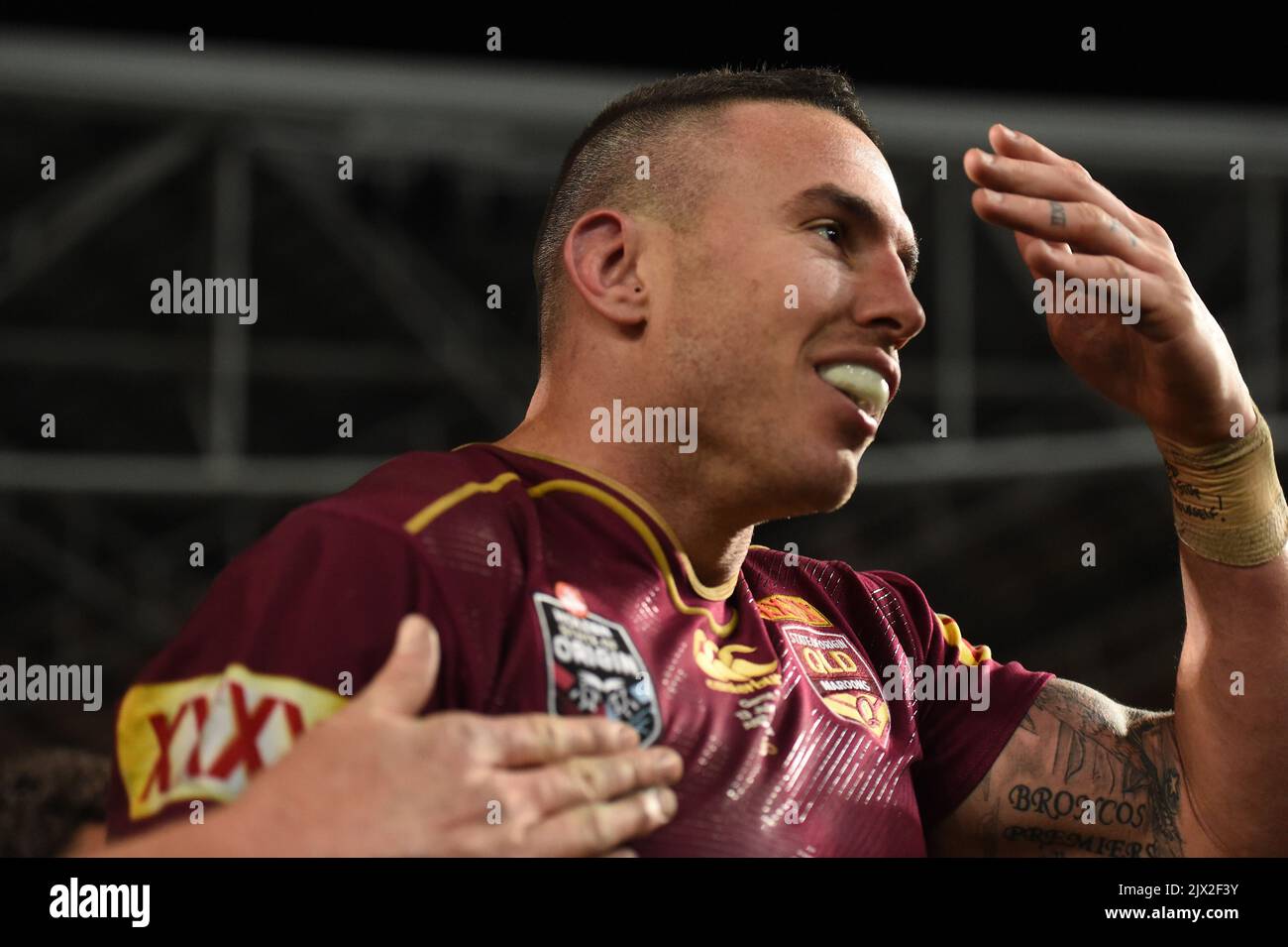 Darius Boyd of the Maroons celebrates after scoring during State of ...
