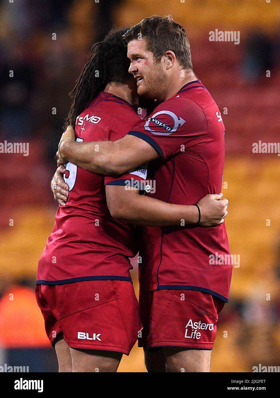 Greg Holmes of the Queensland Reds (right) and teammate Saia Fainga'a ...