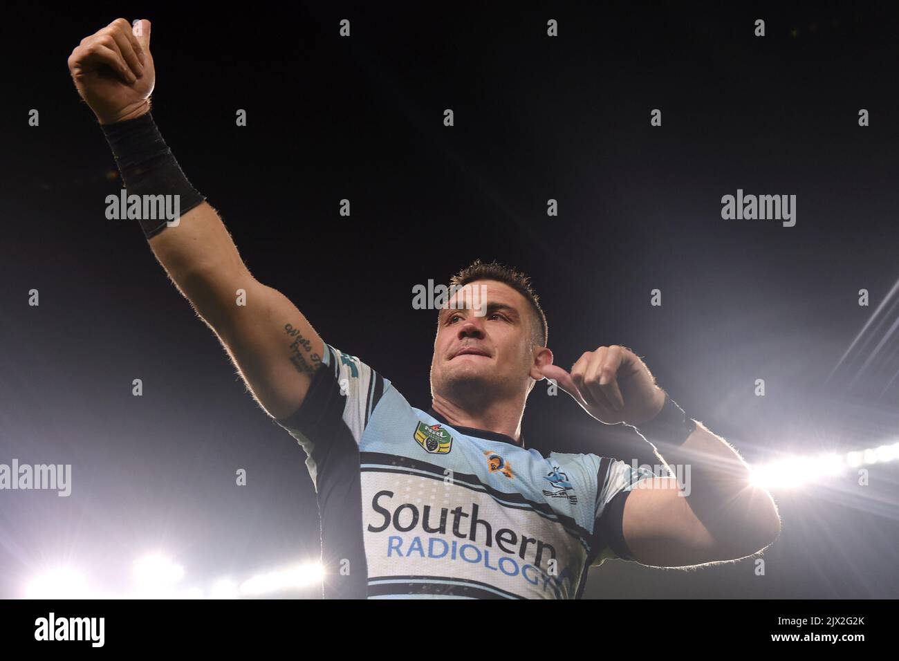 Chris Heighington of the Sharks celebrates their win during the round ...
