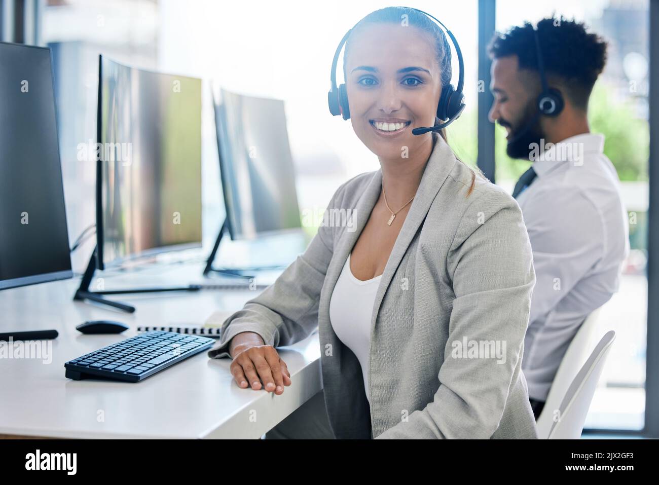Call agent, woman and portrait smile at desk in customer service ...