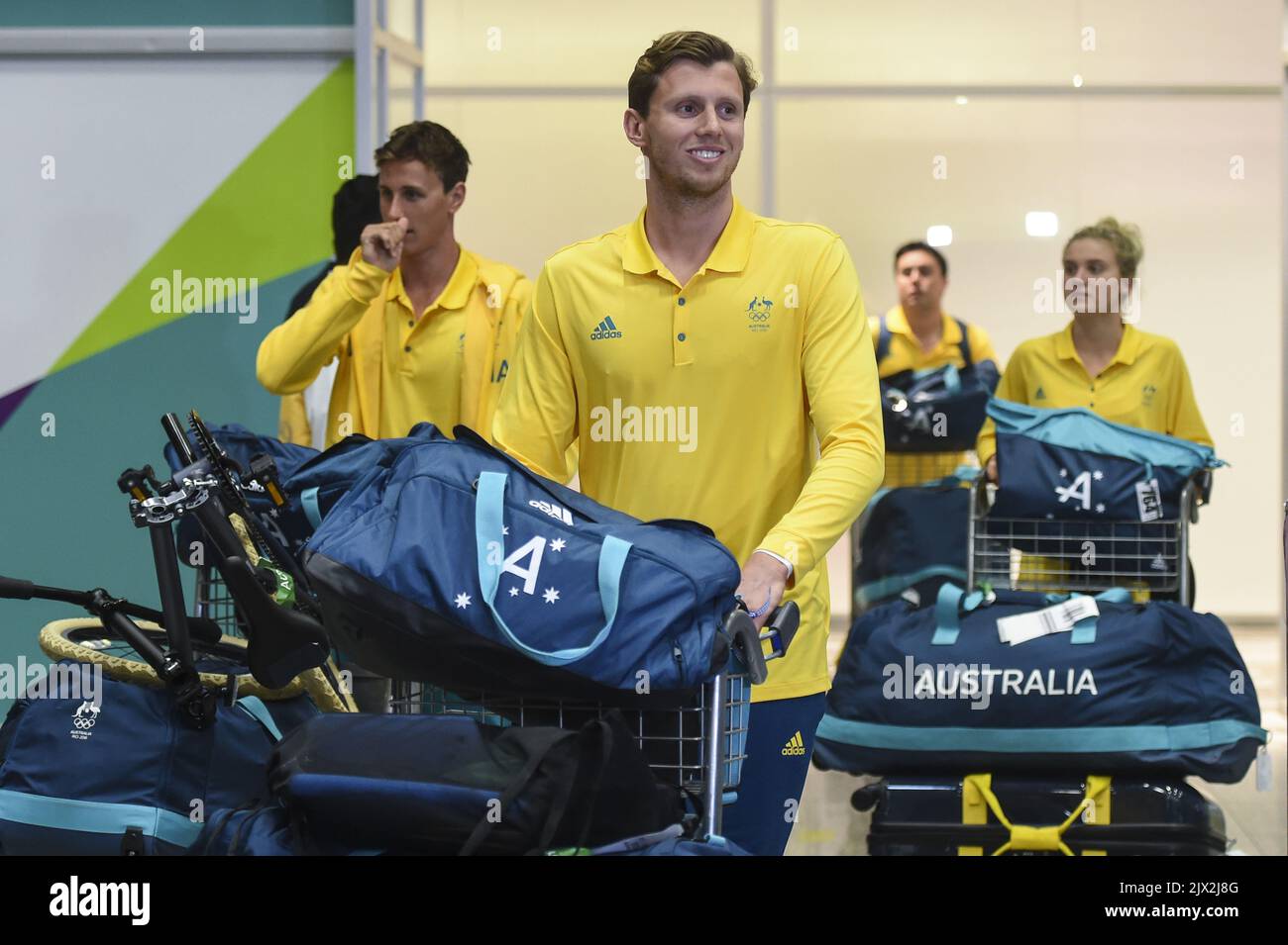 Thomas Fraser-Holmes of the Australian Olympic Swimming arrives at Rio ...