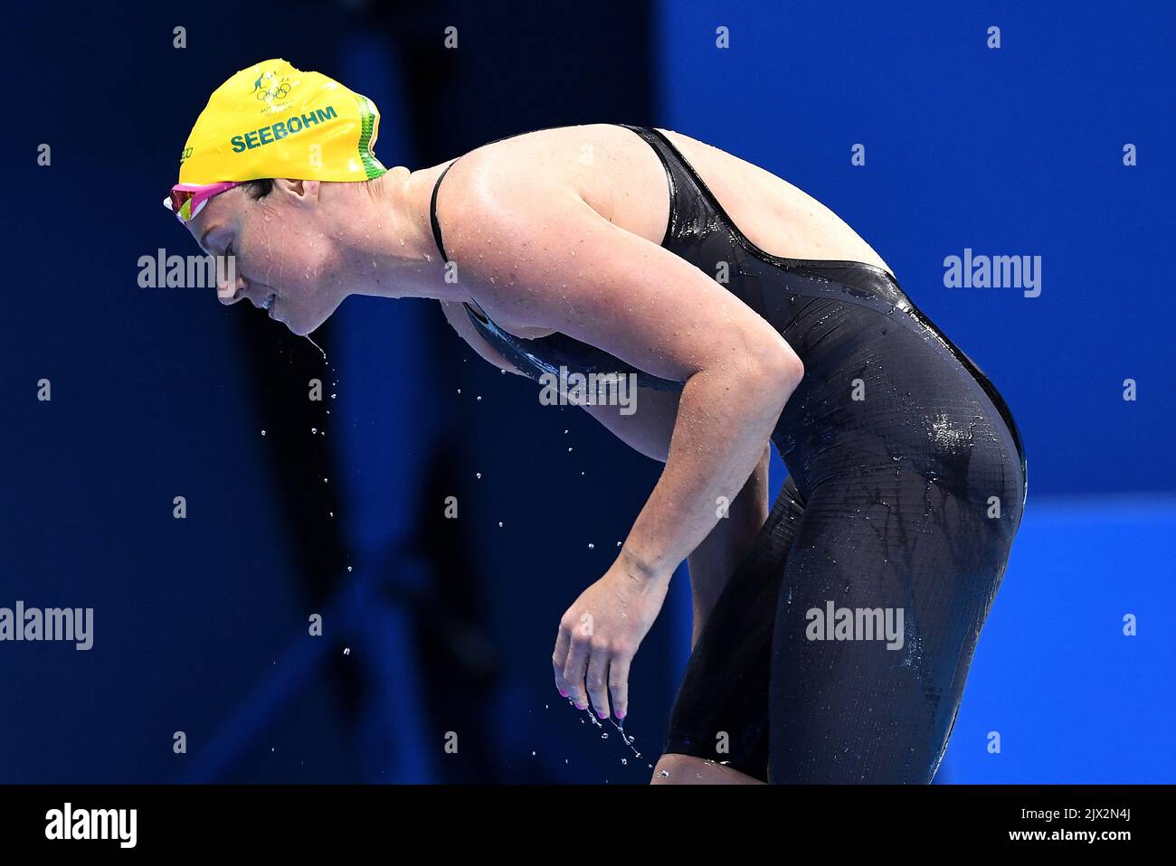 Emily Seebohm of Australia departs the pool deck after the Women's 200m Backstroke Semi final 1 ...
