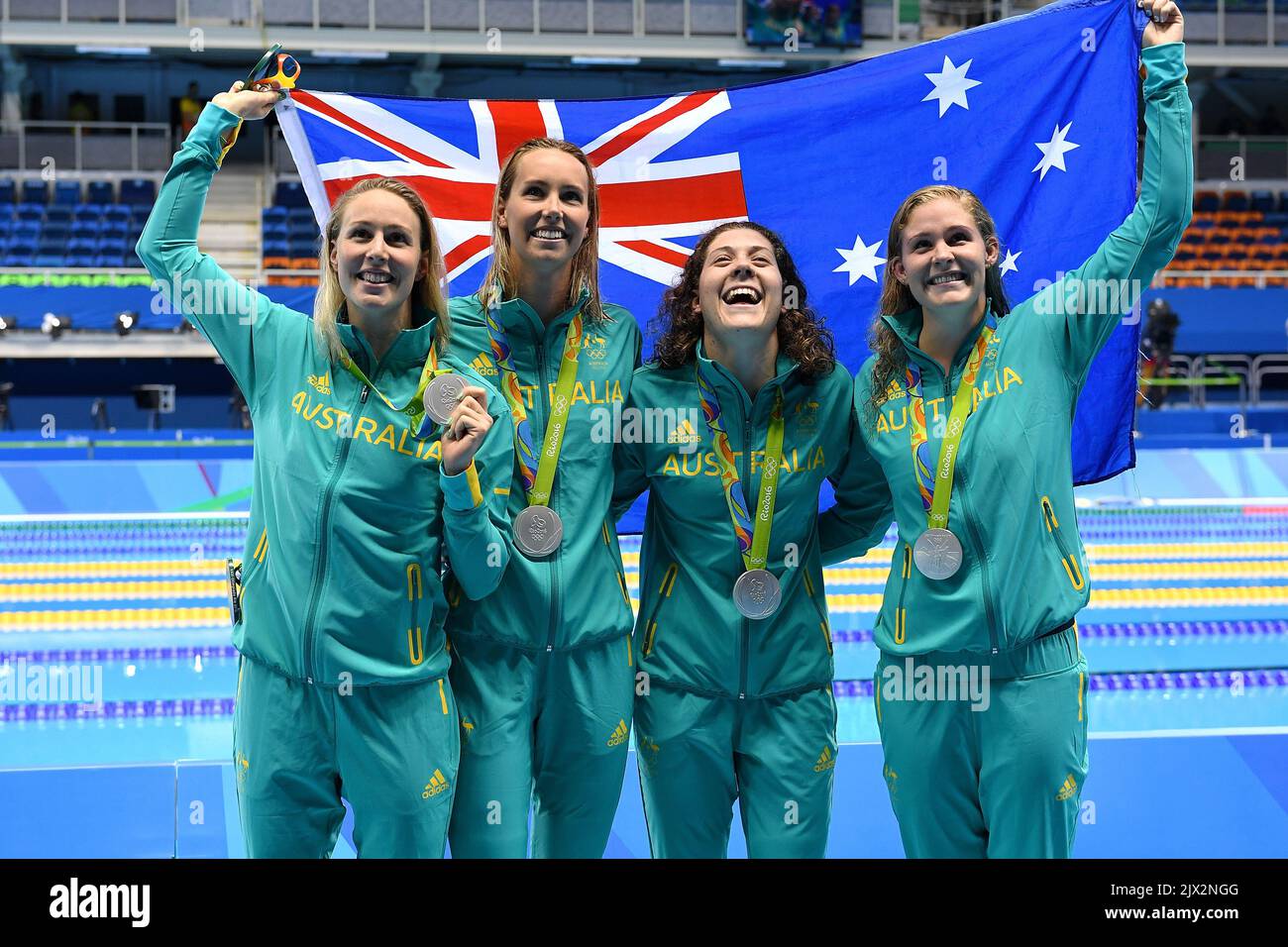 Australia's 4x200 teammates Leah Neale, Emma MckKeon, Bronte Barrett ...