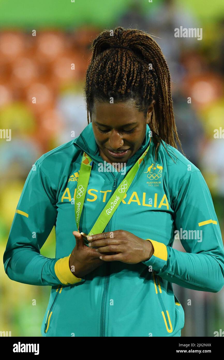 Australia's Ellia Green looks at her gold medal for the Women's Rugby ...