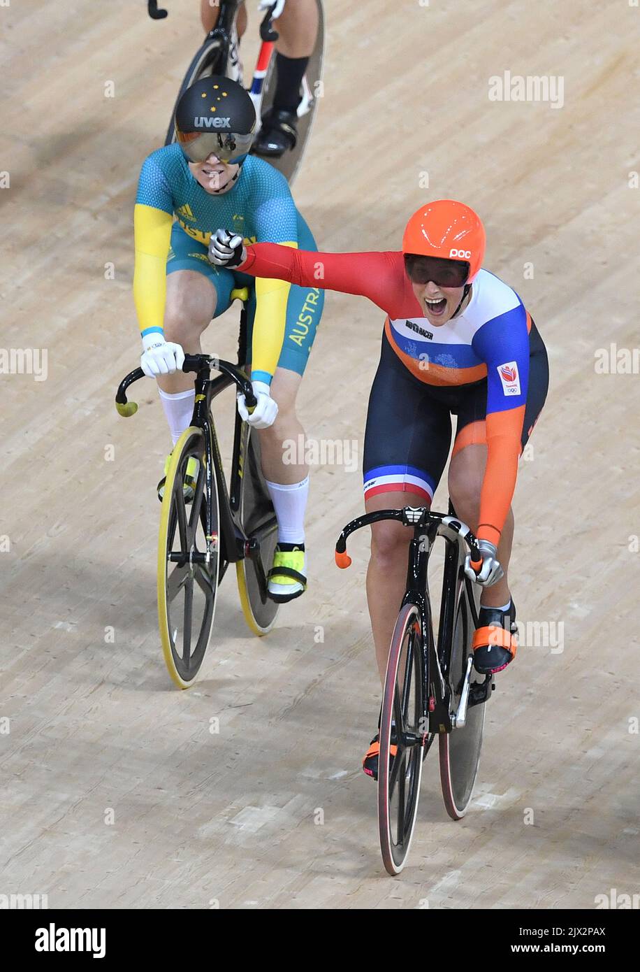 Elis Ligtlee of Netherlands reacts in front of Australia's Anna Meares ...