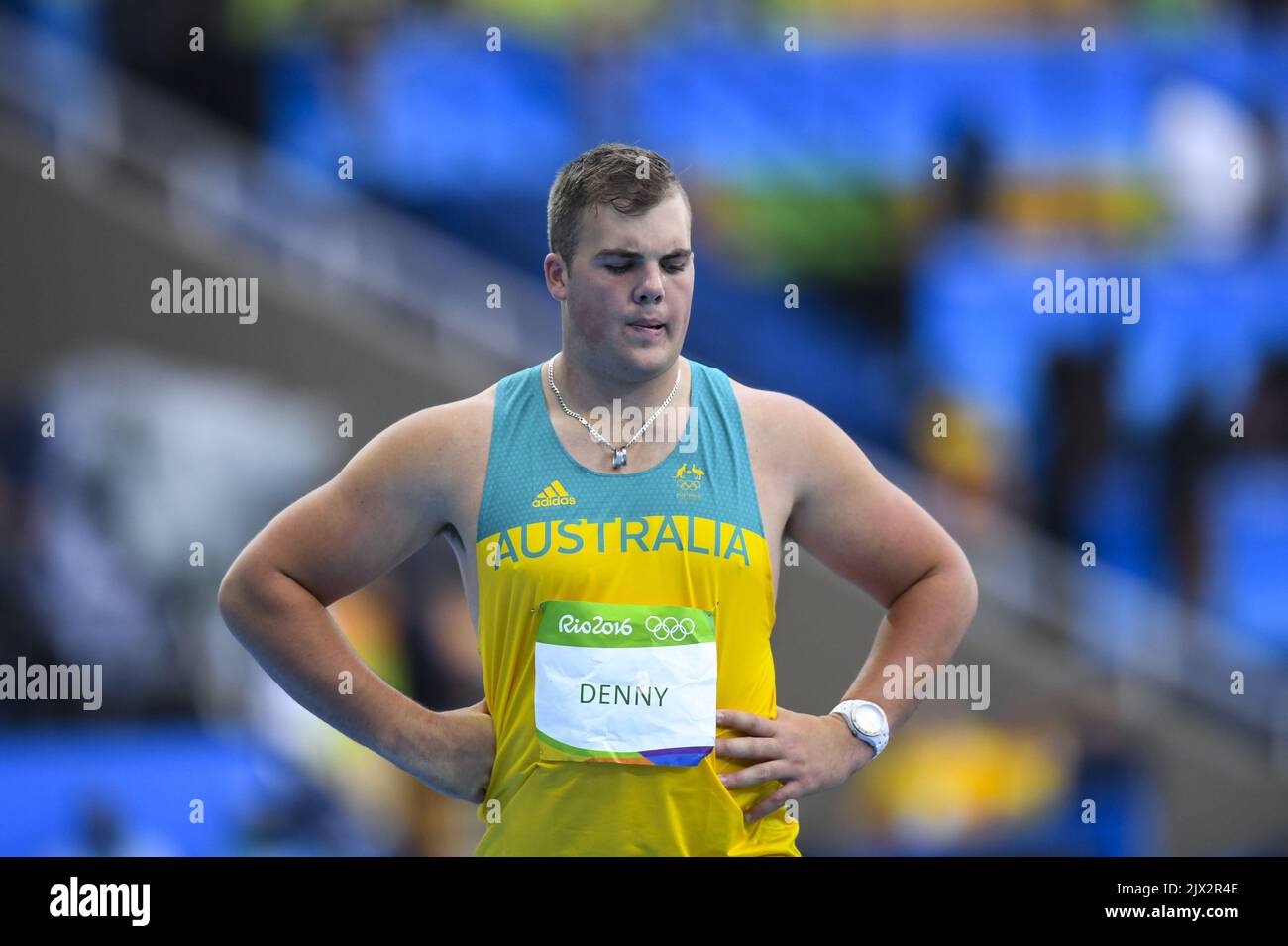 Matthew Denny of Australia reacts after competing in the Men's Discus ...