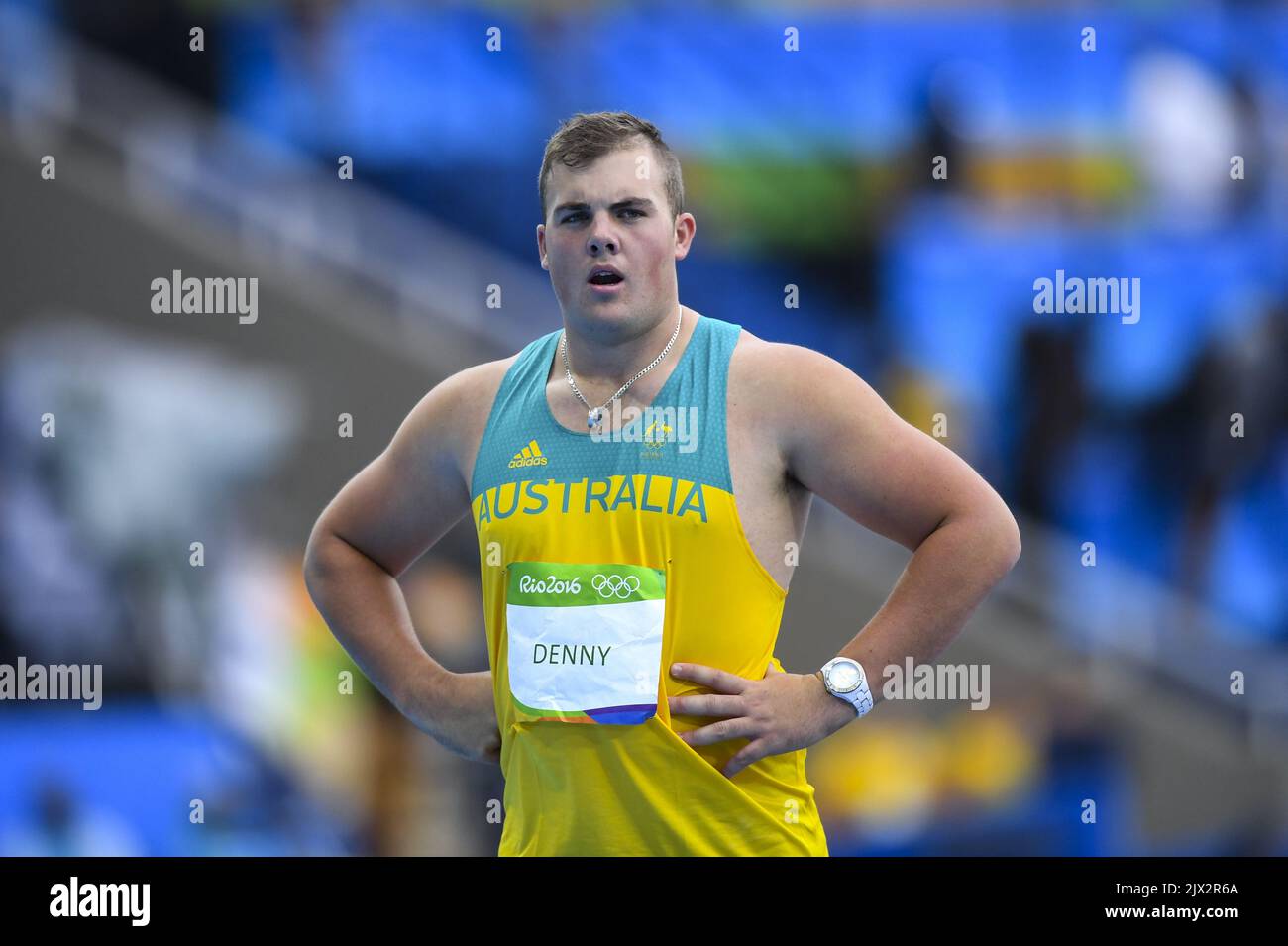 Matthew Denny of Australia reacts after competing in the Men's Discus ...