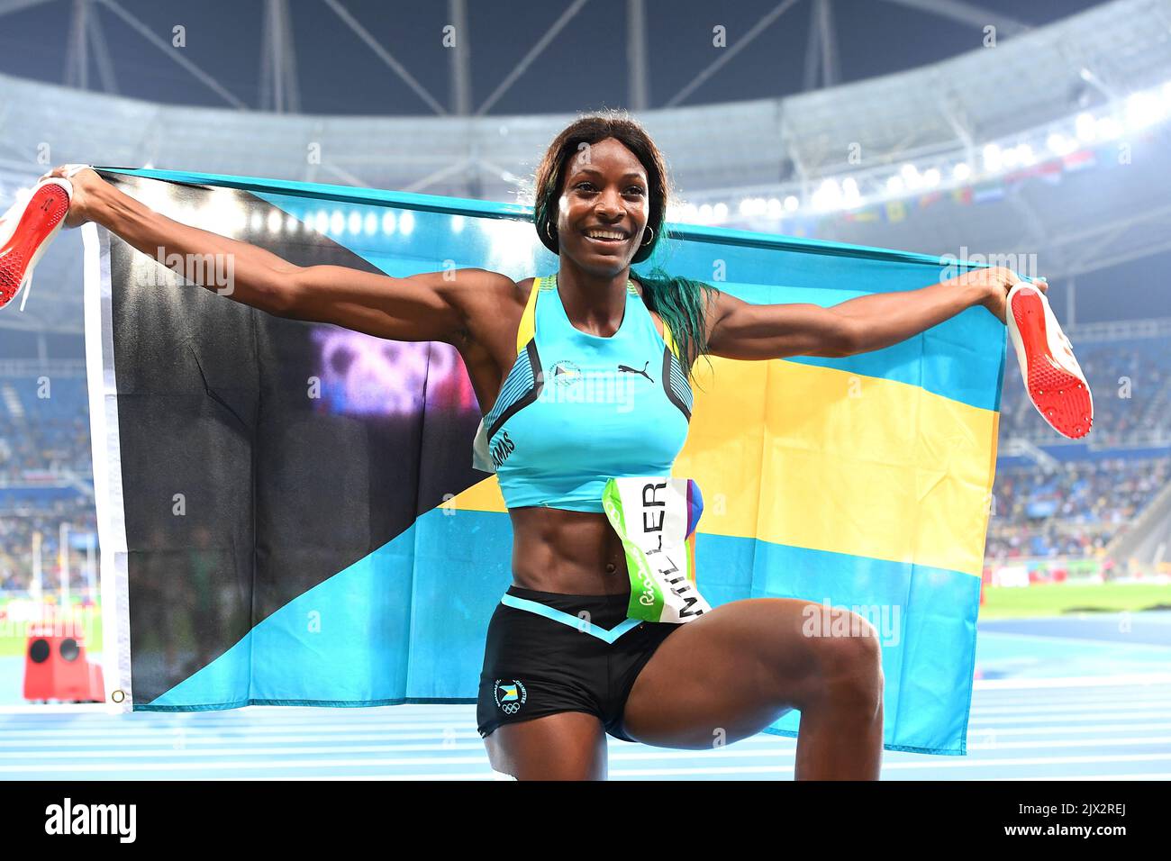 Shaunae Miller of the Bahamas celebrates placing gold in the Women's ...