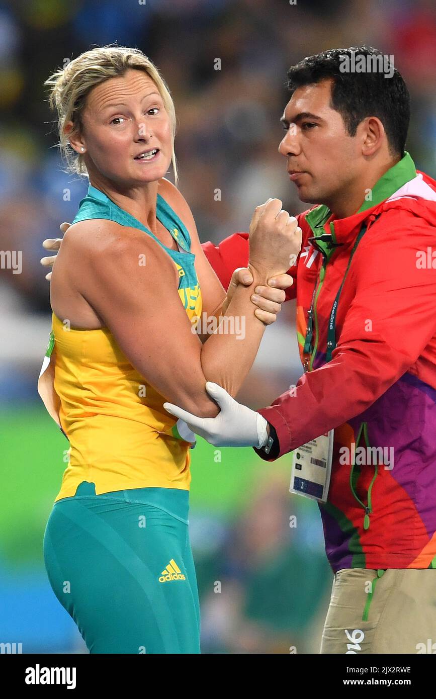 Kim Mickle of Australia is seen to be injured after competing in the ...
