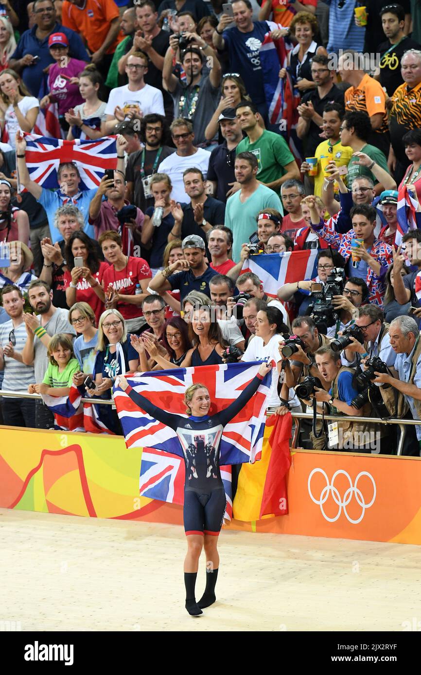 Laura Trott of Great Britain celebrates her Gold placing in the Women's ...
