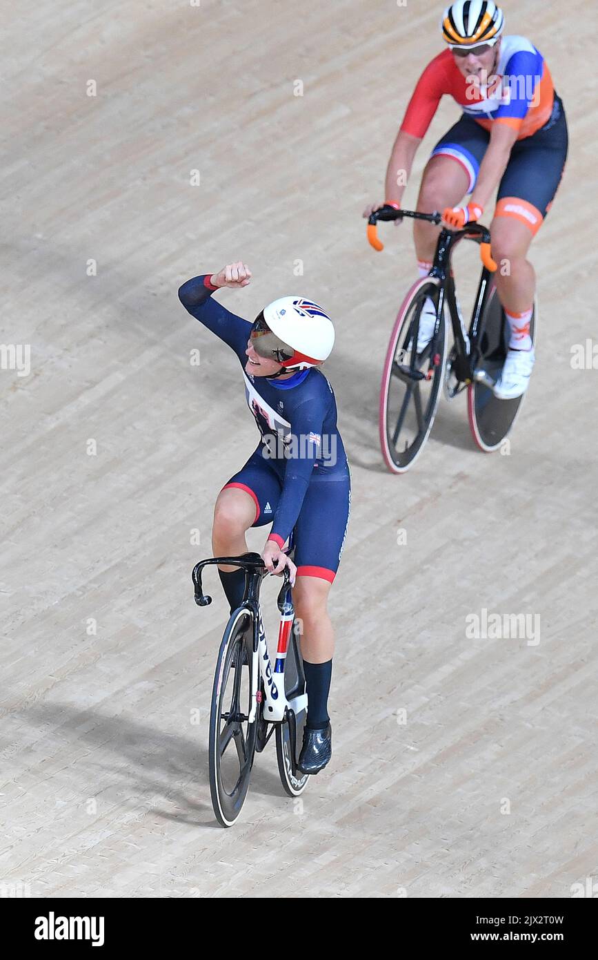 Laura Trott of Great Britain celebrates her Gold placing in the Women's ...