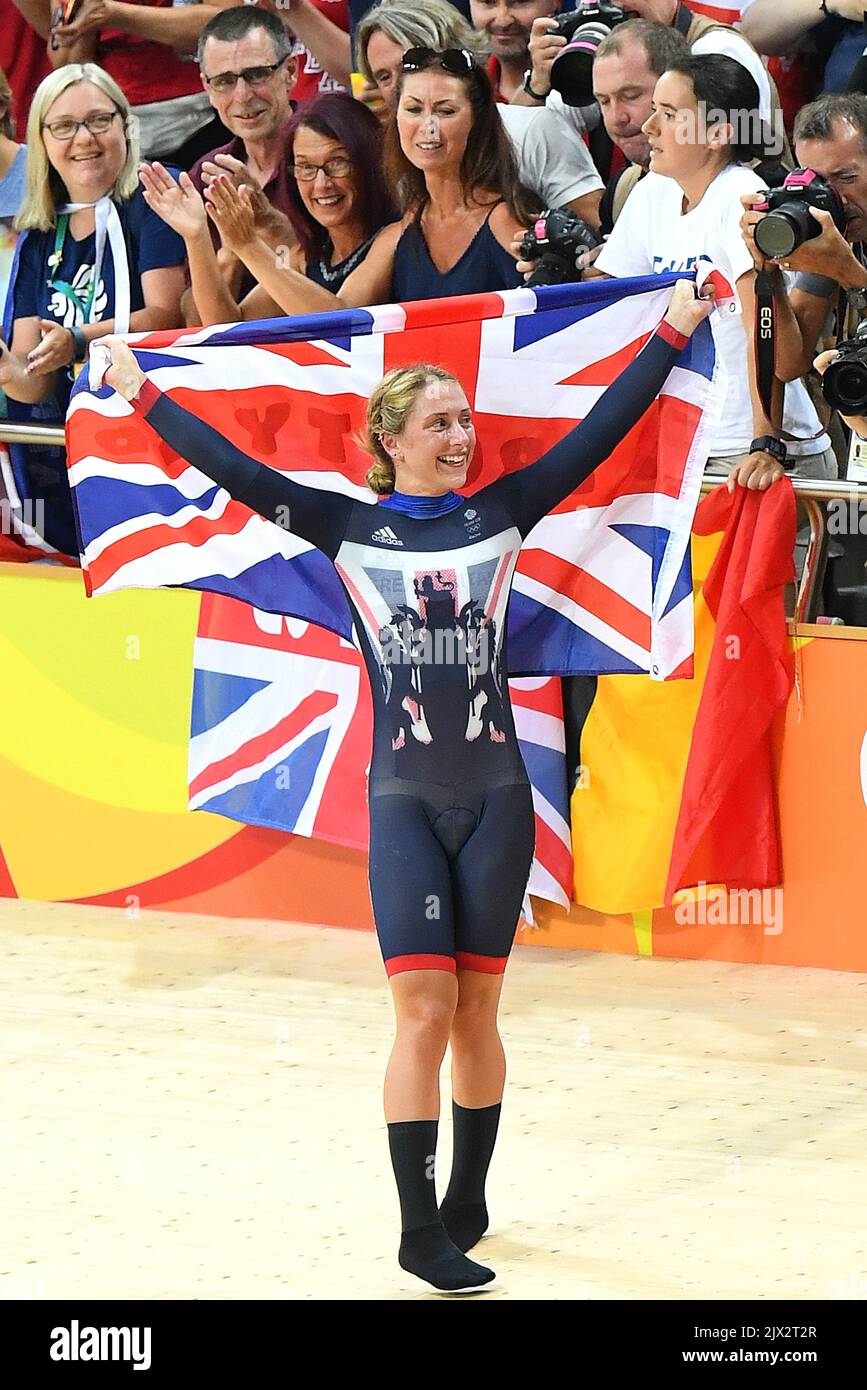 Laura Trott of Great Britain celebrates her Gold placing in the Women's ...