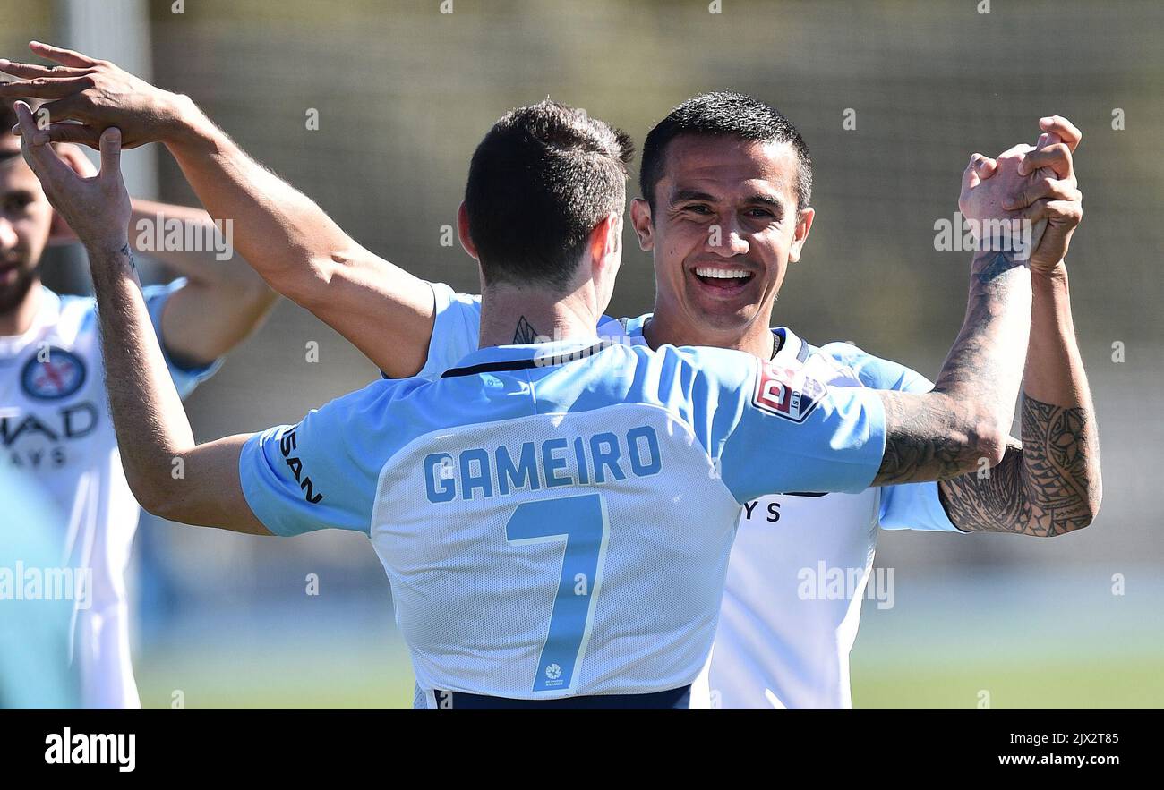 Melbourne City FC new signing Tim Cahill (right) and Corey Gameiro are ...