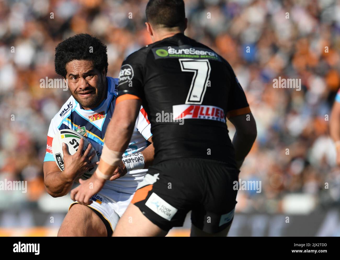 Konrad Hurrell of the titans on the run during the round 23 NRL match ...