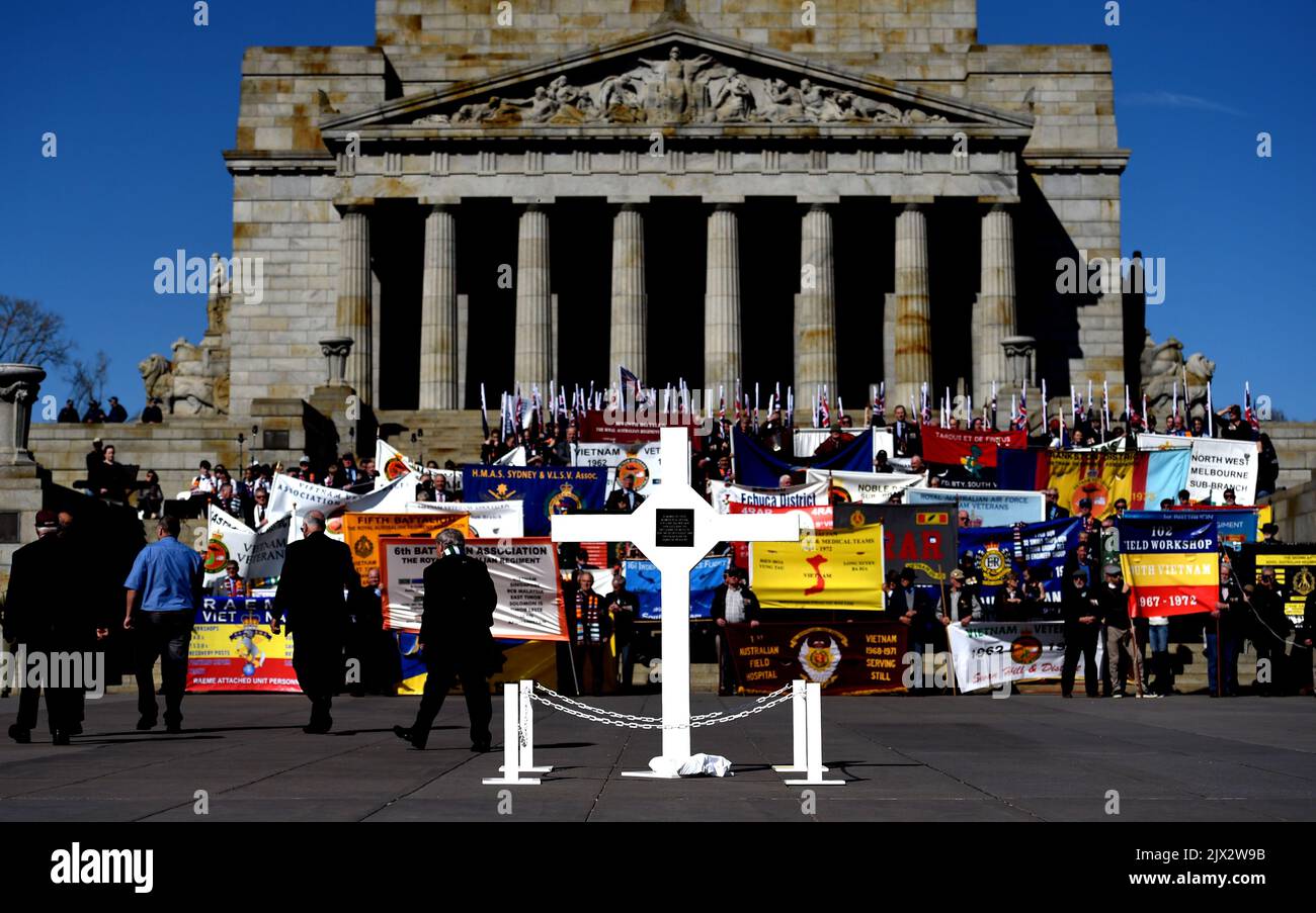 A recplica Long Tan cross during a service remembering the 50th ...