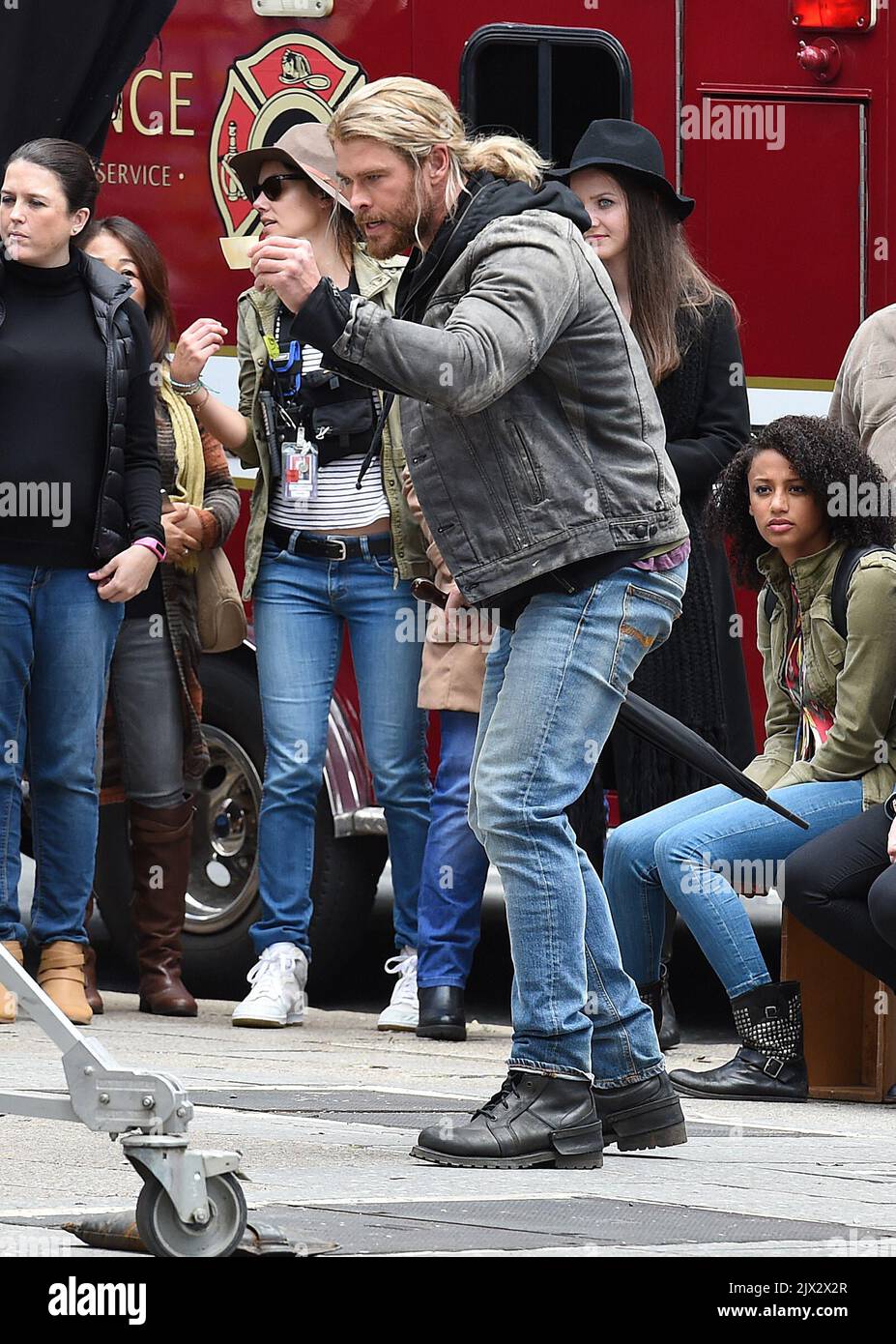 Hollywood actor Chris Hemsworth acts a scene during the filming of the ...