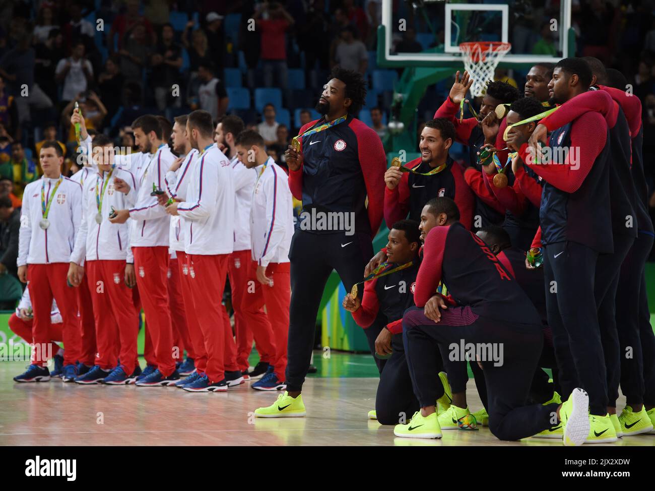 The US Basketball team is seen gesturing after winning Gold in the Men ...