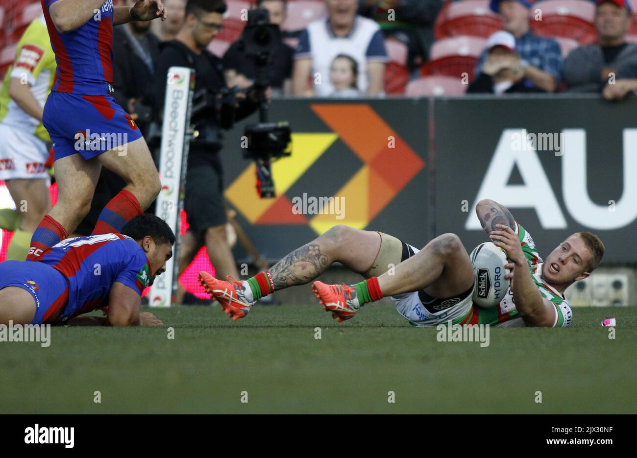 Aaron Gray of the Rabbitohs scores a second half try during the Round ...