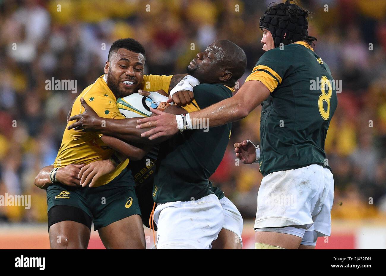 Wallabies player Samu Kerevi (left) competes with Springboks player ...