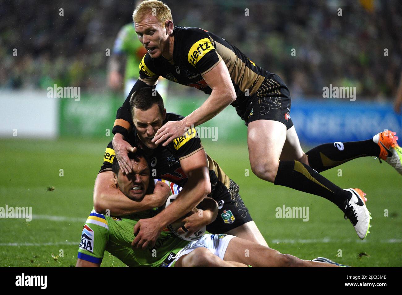 Raiders winger Jordan Rapana is tackled during the second elimination ...