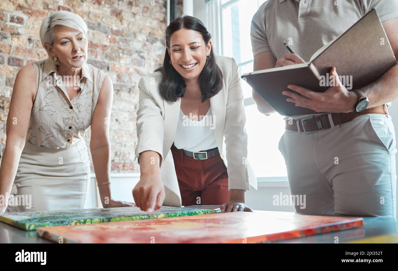 Creative, teamwork and art gallery worker team collaboration for a ...