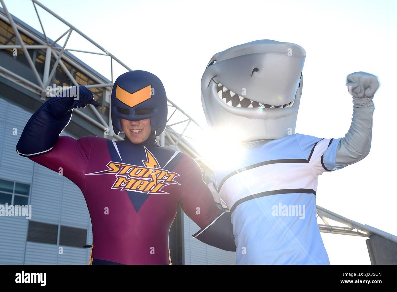 The Melbourne Storm and Cronulla Sutherland Sharks mascots pose for a ...