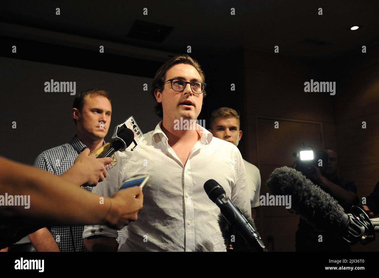 (L- R), Thomas Laslett, Nick Kelly and Edward Leaney, members of the ...
