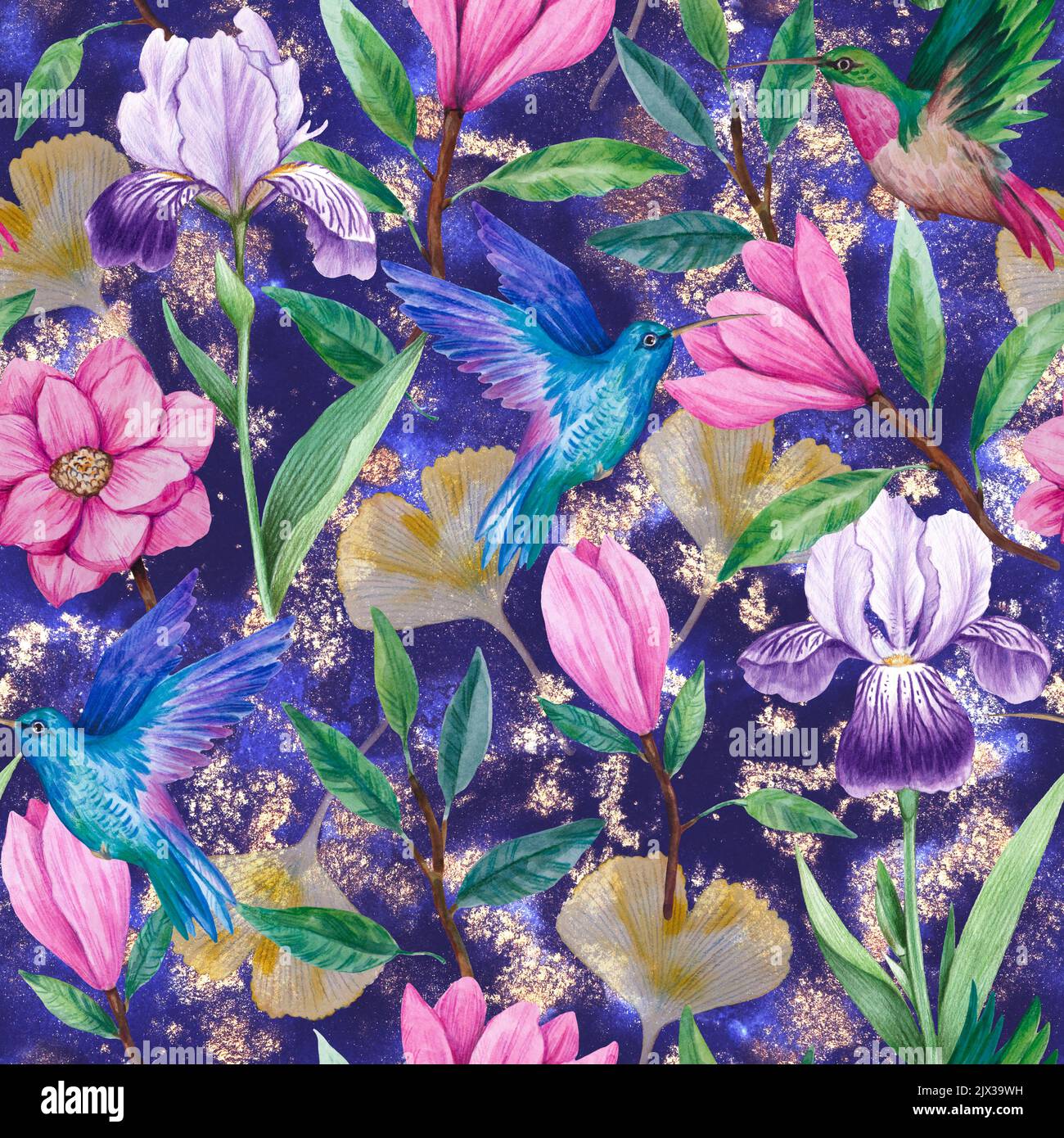 Hummingbirds, magnolia and iris flowers. Watercolor illustration ...