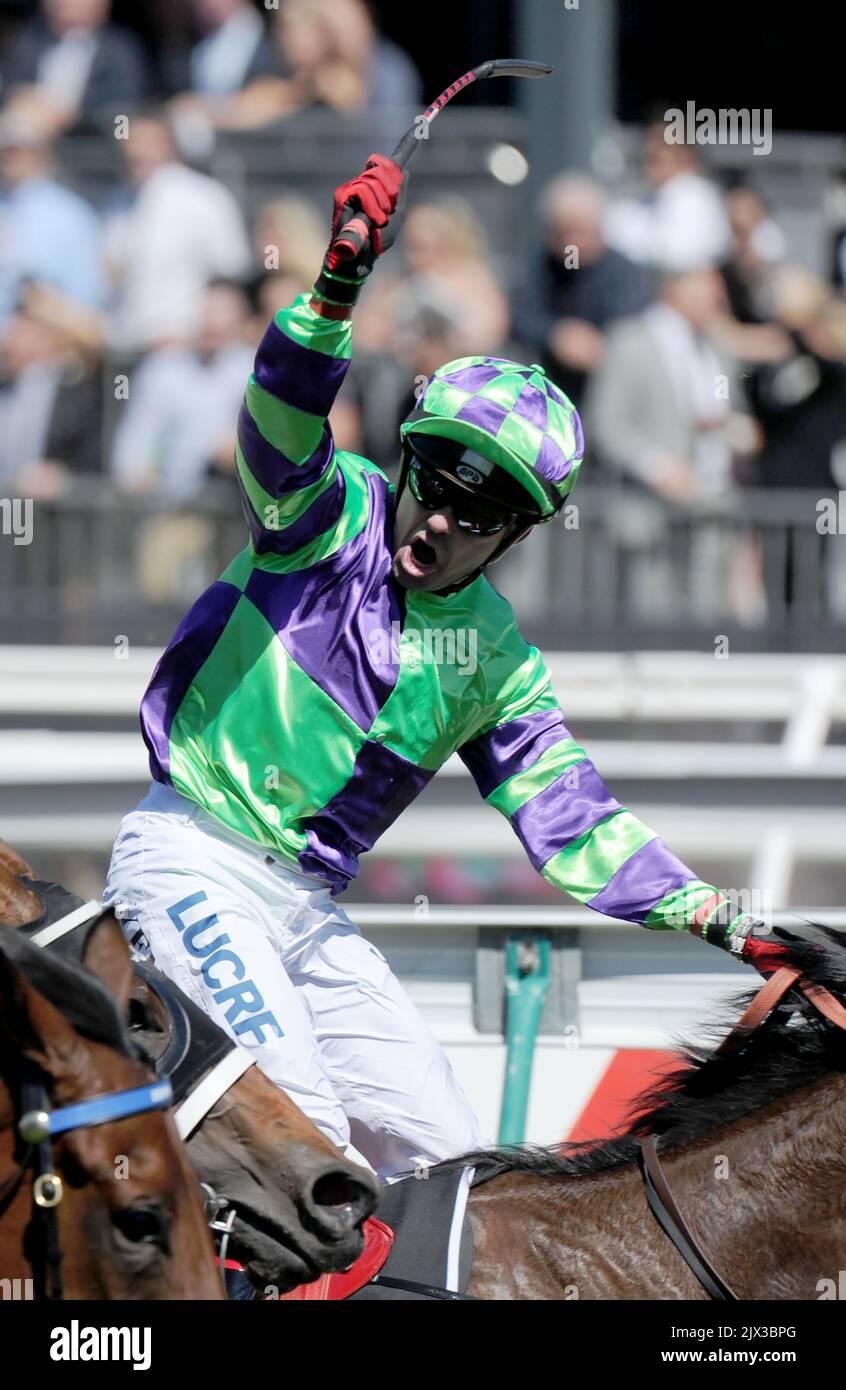 Jockey Dean Yendall celebrates on I AM A Star after winning the Myer ...