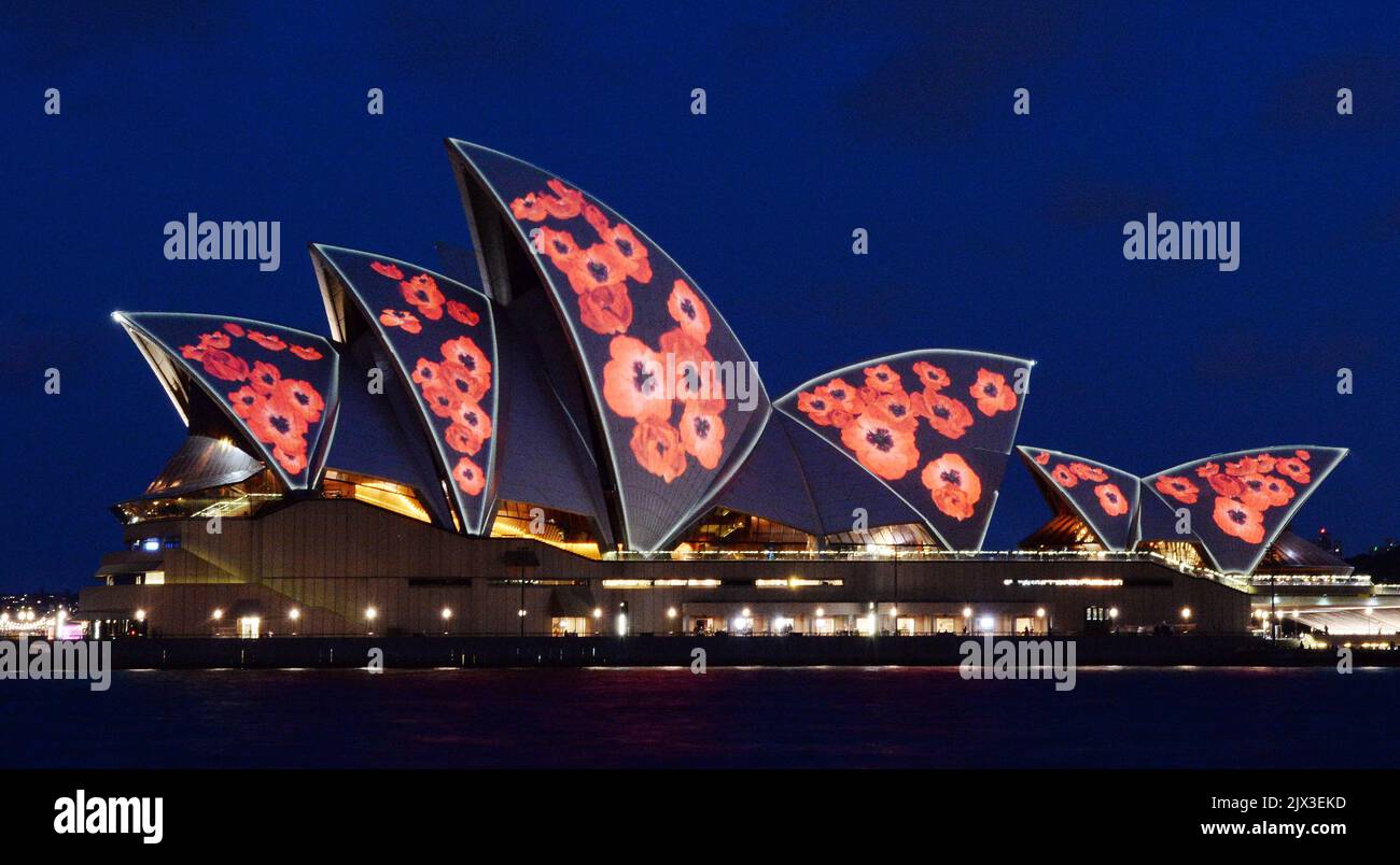 The sails of the Sydney Opera House are seen illuminated with red ...