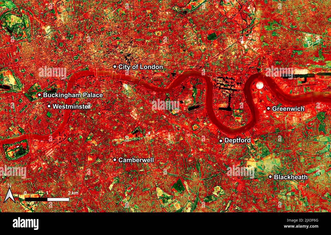 Satellite image showing ground surface temperatures in London, UK, just ...