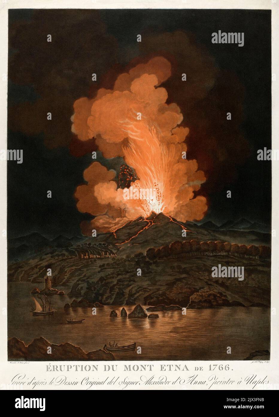 18th century illustration of the 1766 eruption of the volcano Mount ...