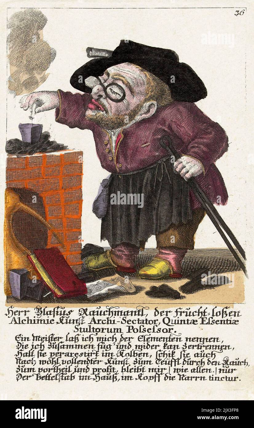 Caricature of Blasius Rauchmantl, a man with dwarfism as an alchemist ...
