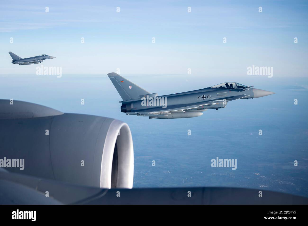 German air force Eurofighter Typhoons waiting to receive fuel over ...