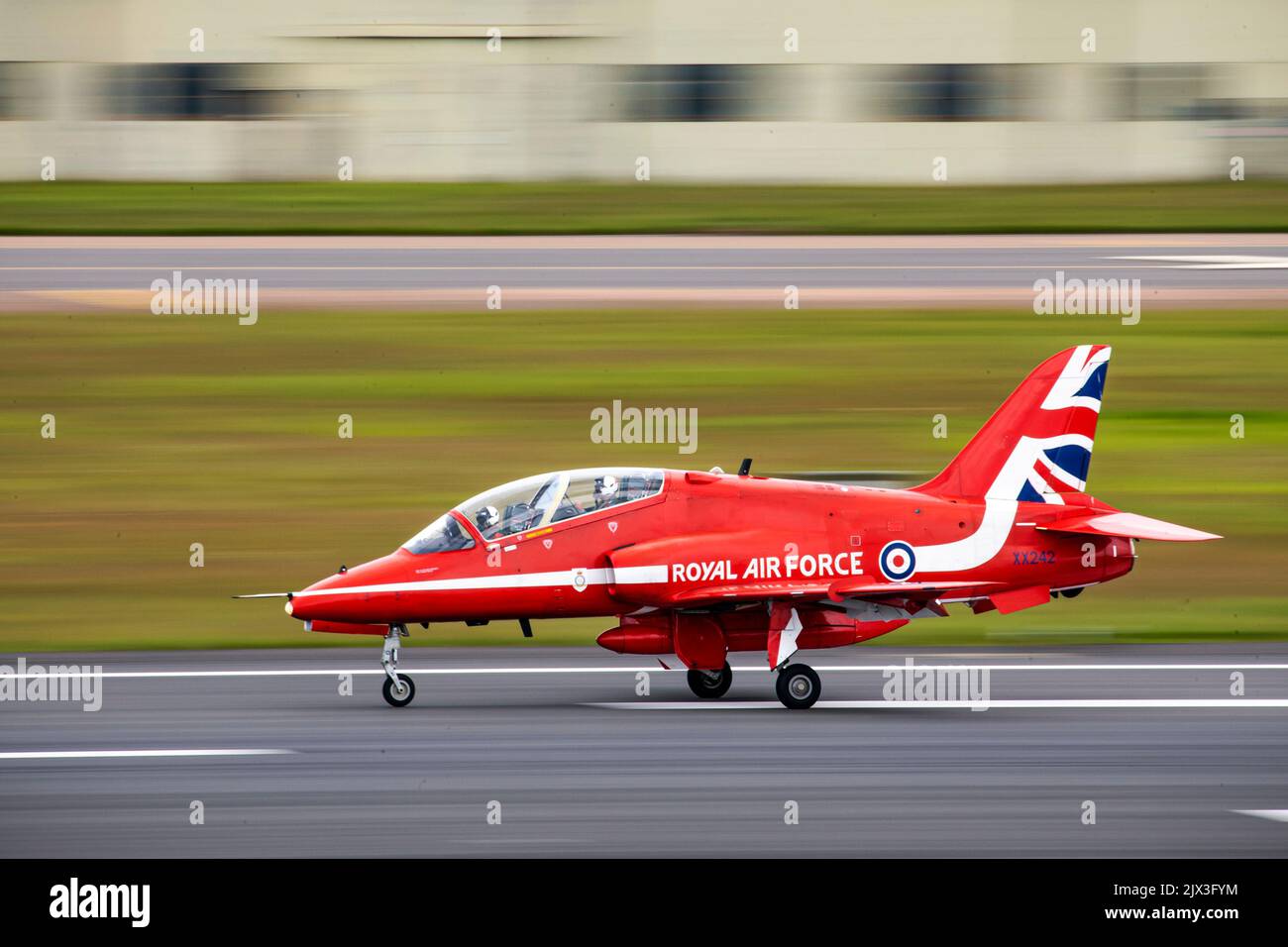 Hawk T1 aircraft assigned to the Royal Air Force aerobatic team, known as the Red Arrows landing ...