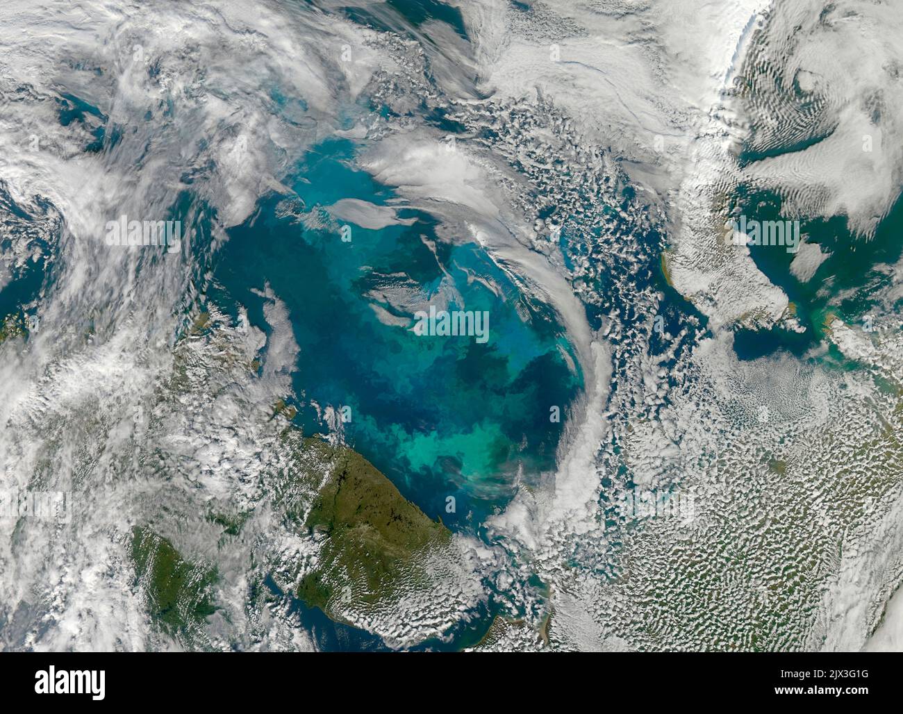 Natural colour satellite image showing phytoplankton blooms in the ...