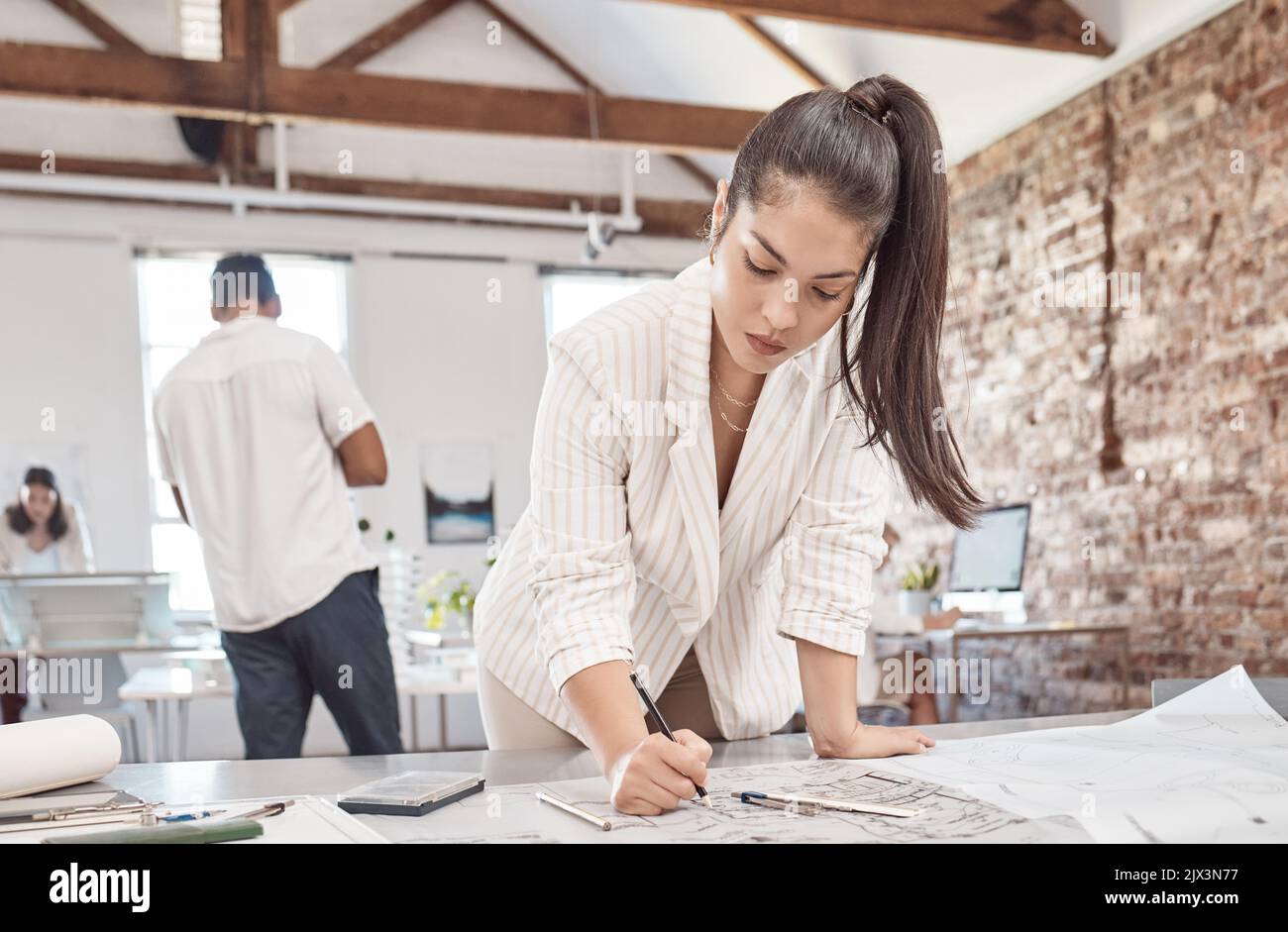 Architecture, young woman and designer planning building blueprint ...