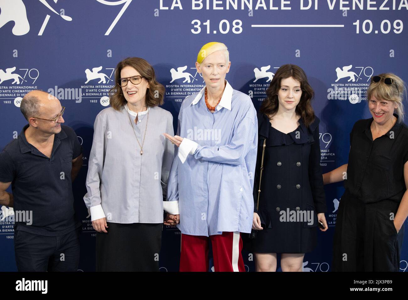 September 6, 2022, Lido di Venezia, Italy: (L-R) Ed Guiney, director Joanna Hogg, Tilda Swinton ...