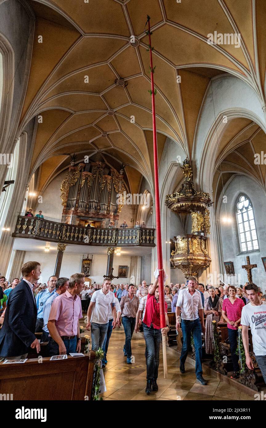 FILED - 05 June 2022, Bavaria, Bogen: Pilgrims carry a spruce trunk, 13 ...