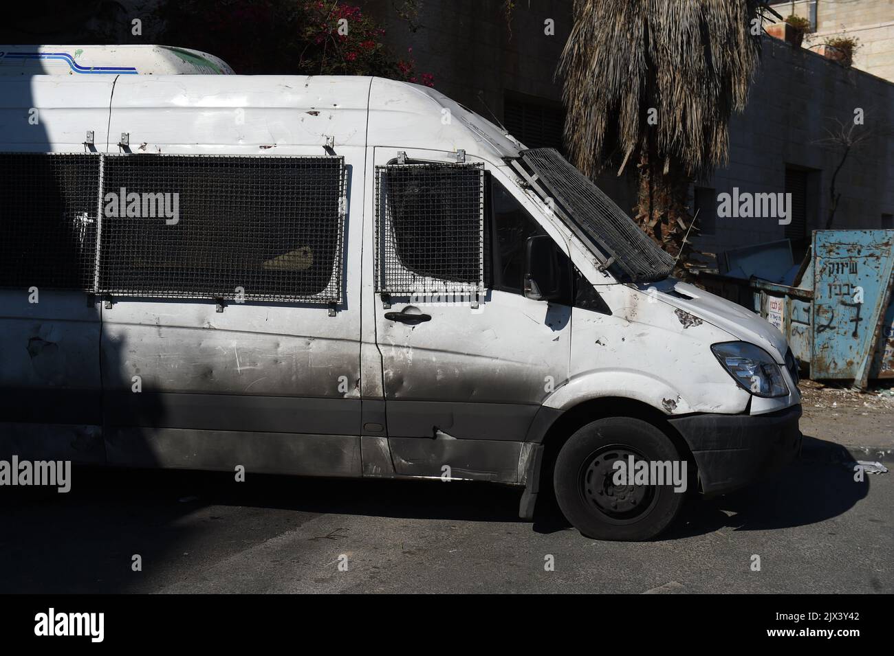 A bus belonging to the Israeli settlement of Ma'ale ha-Zeitim is seen ...