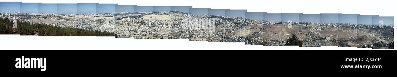 A composite of 21 photographs, from west to east, Jerusalem is seen ...