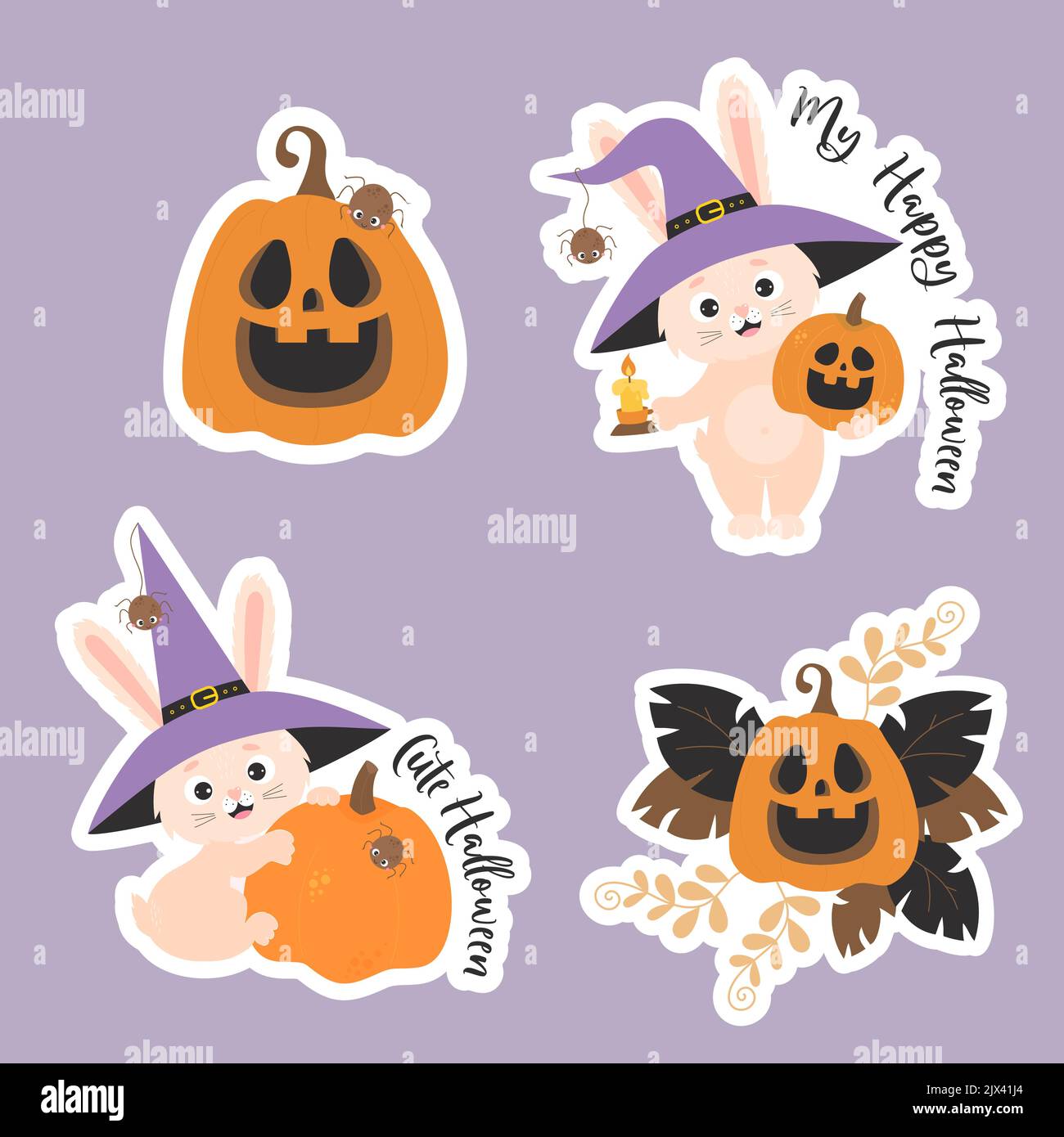 Halloween stickers. Cute halloween bunny in witch hat with spider and ...