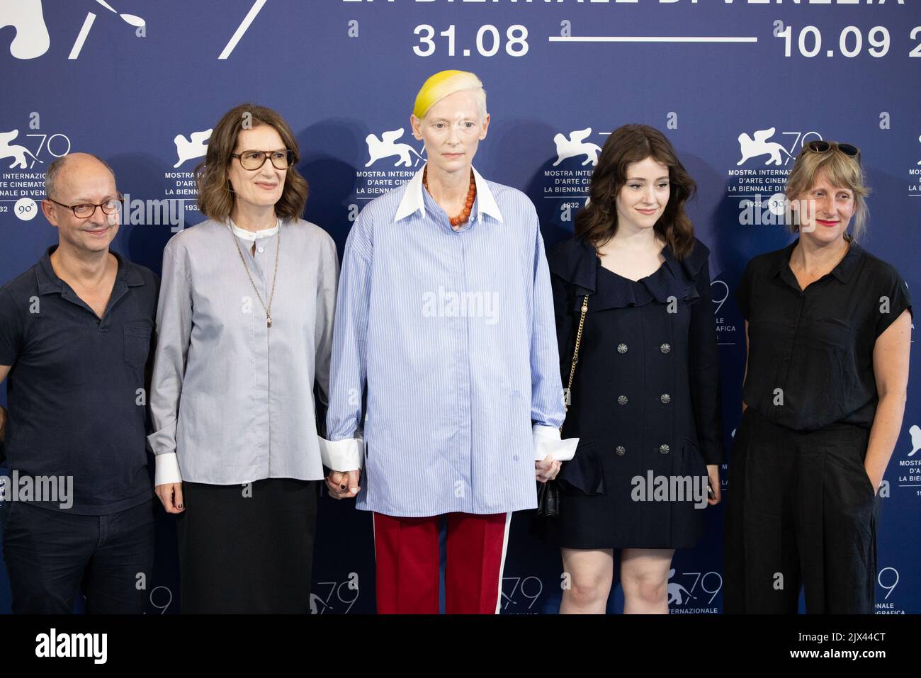 Lido Di Venezia, Italy. 06th Sep, 2022. (L-R) Ed Guiney, director Joanna Hogg, Tilda Swinton ...